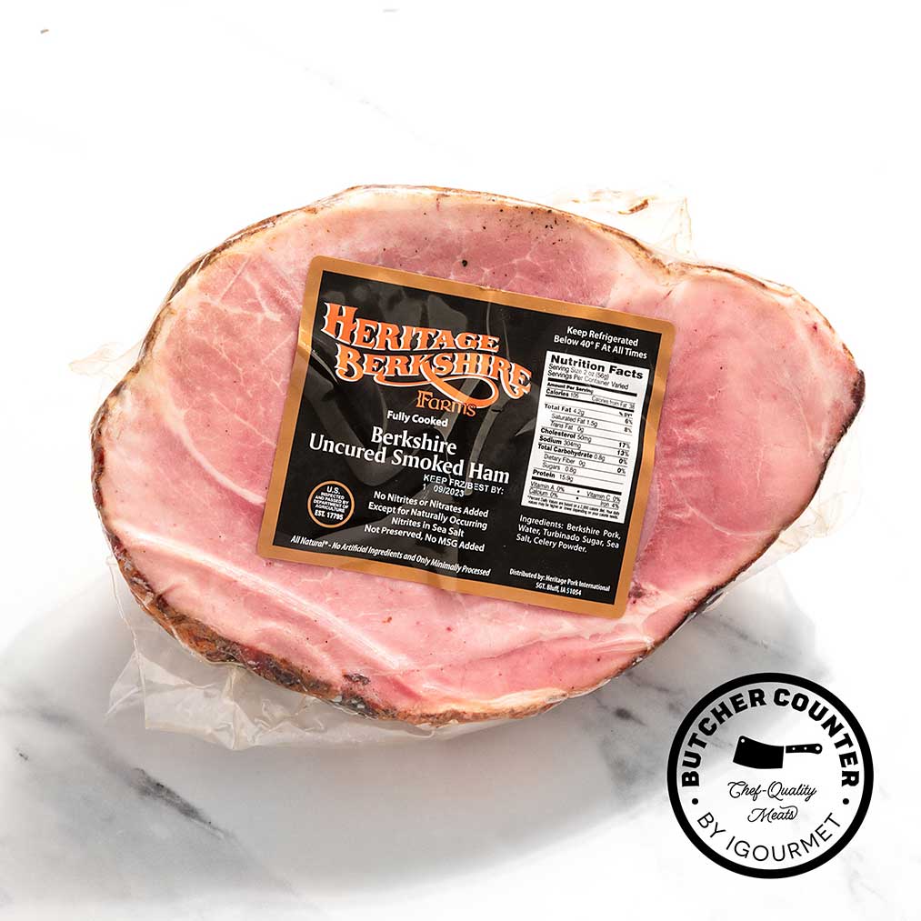 igourmet - Berkshire Pork Bone-In Uncured Hickory Smoked Ham, Half